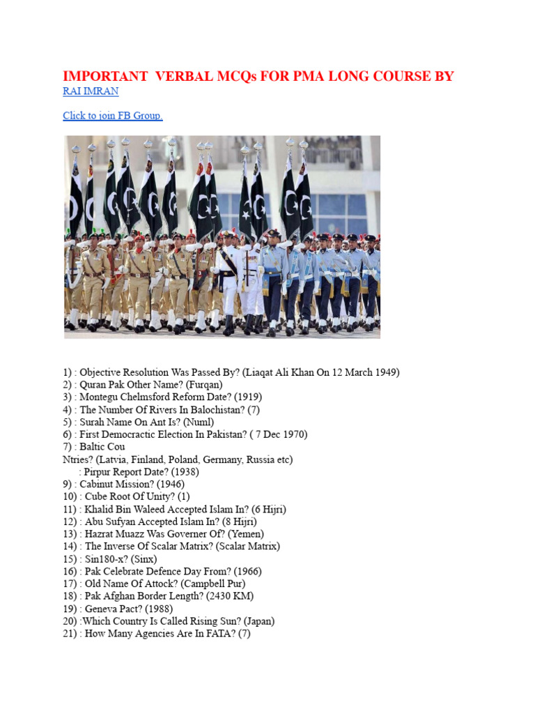 PMA 158 Long Course MCQs Guide | PDF | Pakistan | Muhammad Ali Jinnah