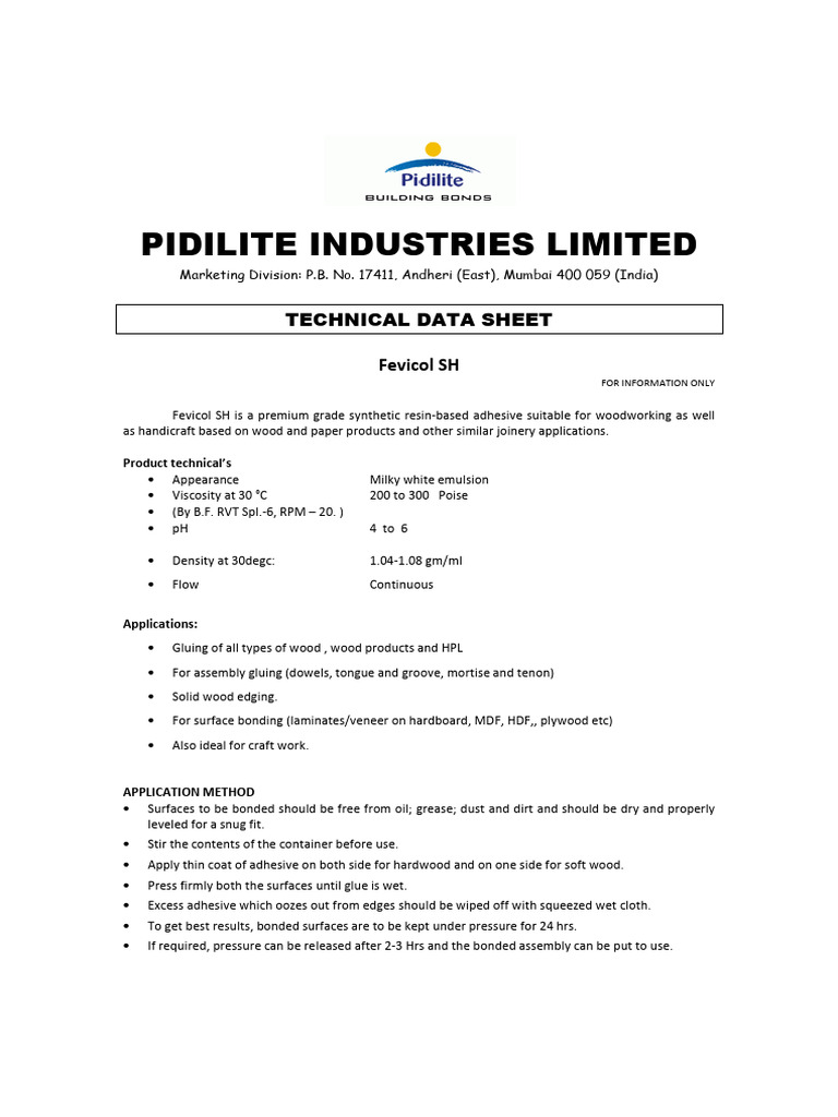 Fevicol SH TDS | PDF | Adhesive | Wood