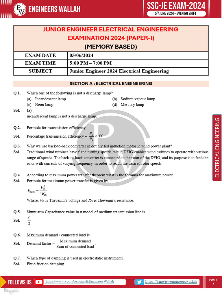 SSC JE Electrical Engineering Paper I 5 June 2024 | PDF | Inductance | Electric Motor
