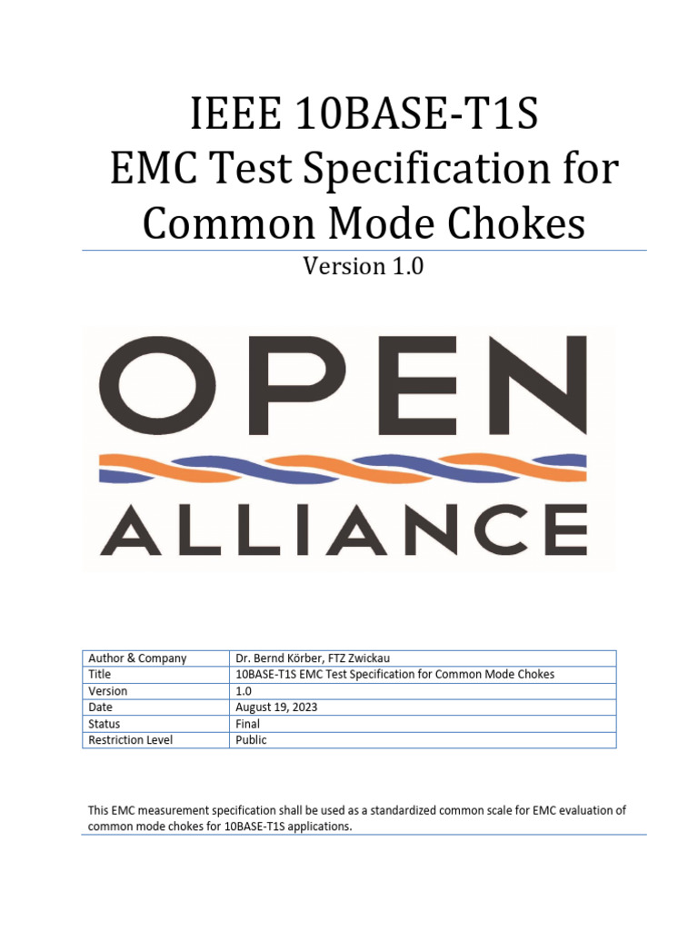 OA 10base T1S CMC Test Specification v1.0 | PDF | Electrostatic ...
