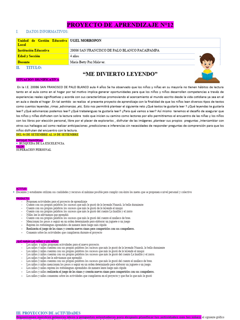 5 Años PROYECTO N°12 "ME DIVIERTO LEYENDO" | PDF | Evaluación | Aprendizaje