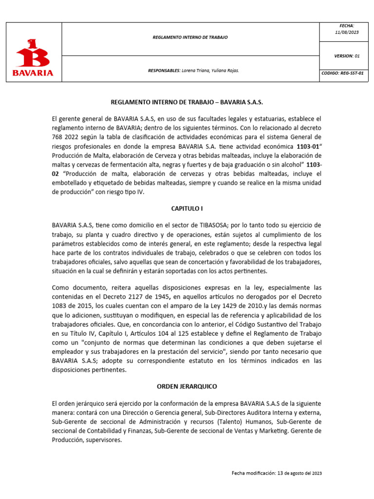 Reg SST 01-Reglamento Interno de Trabajo | PDF | Salario | Business