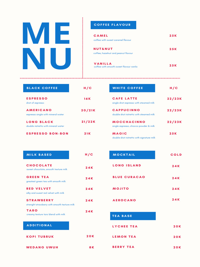White and Blue Minimalist Cafe Menu | PDF | Coffee | Cuisine