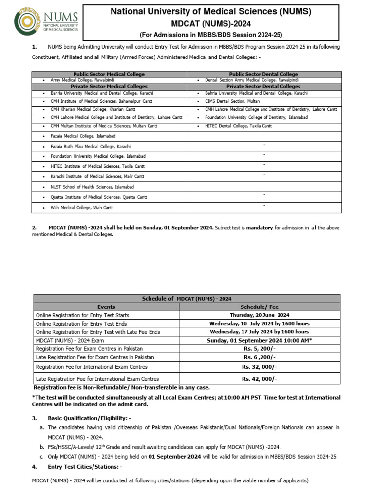 NUMS MDCAT Entry Test 2024 Details | PDF | Multiple Choice | Qualifications