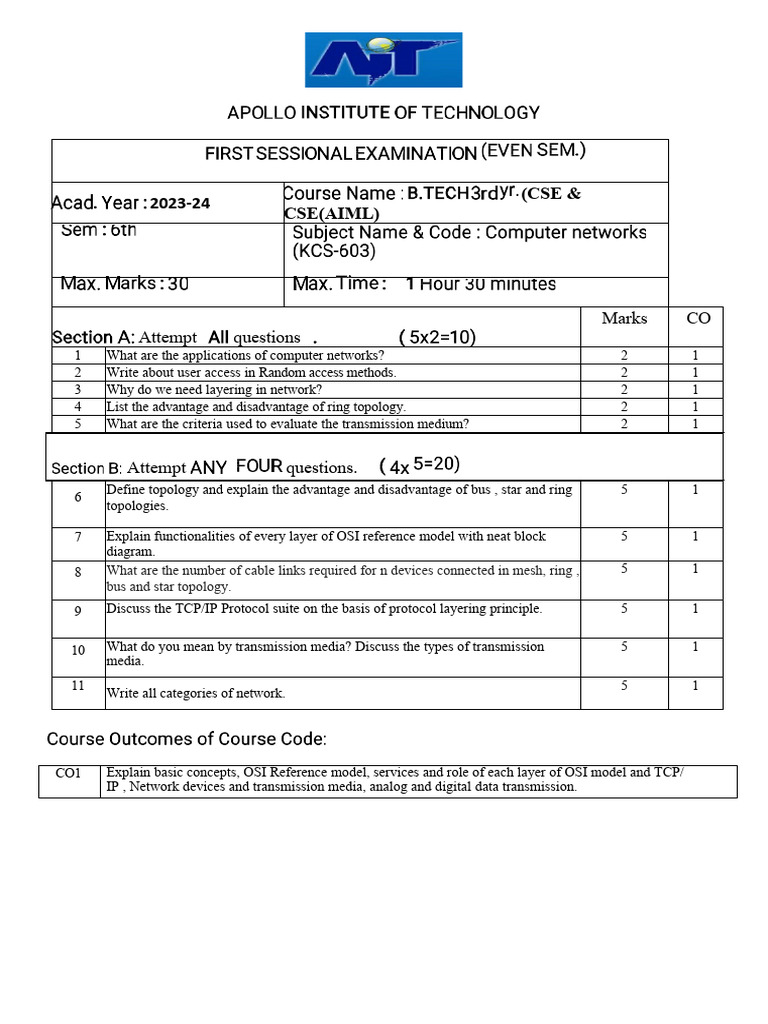 Computer Networks Exam Questions 2023-24 | PDF