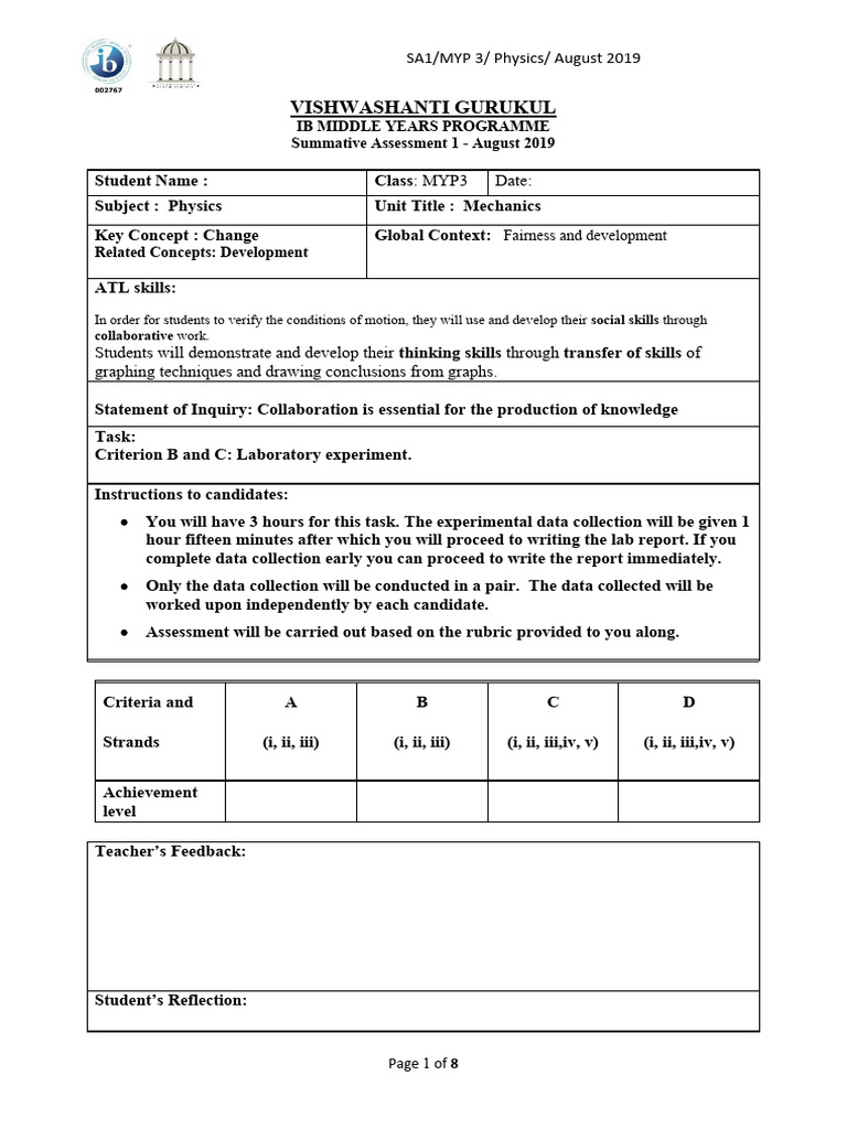 MYP3 Physics SA1 Crit B C | PDF | Validity (Statistics) | Scientific Method