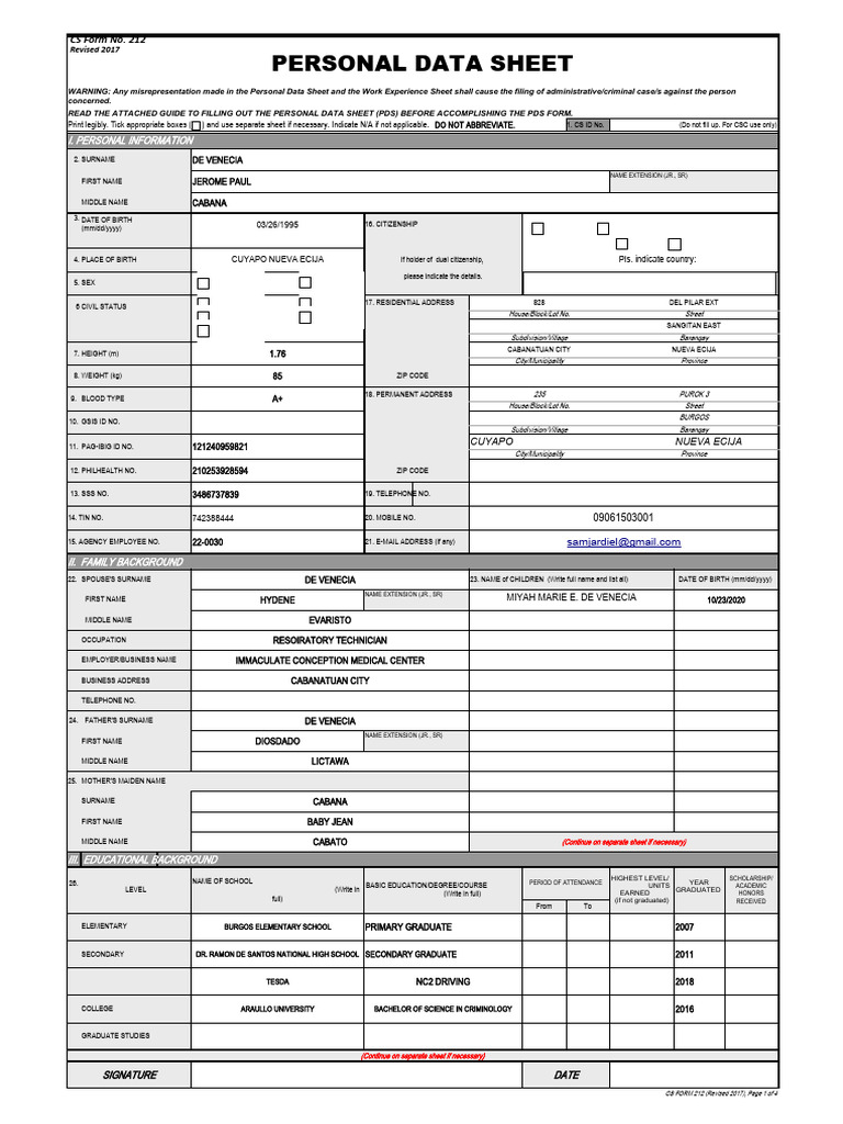 Personal Data Sheet Guide | PDF | Government | Justice