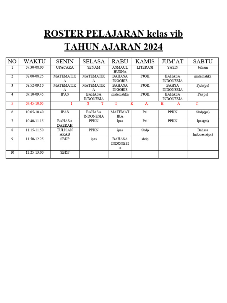 Roster Pelajaran Tahun Ajaran 2024 | PDF