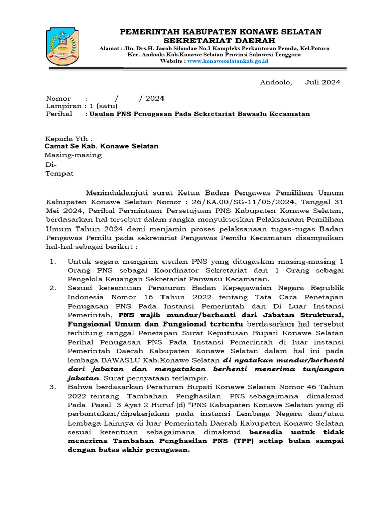 SURAT SETDA MENINDAKLANJUTI SURAT Bawaslu Tahun 2024 | PDF