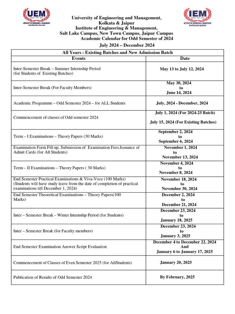 IEM UEM Academic Calendar of Odd Semester 2024 1 | PDF | Academic Term | Schools
