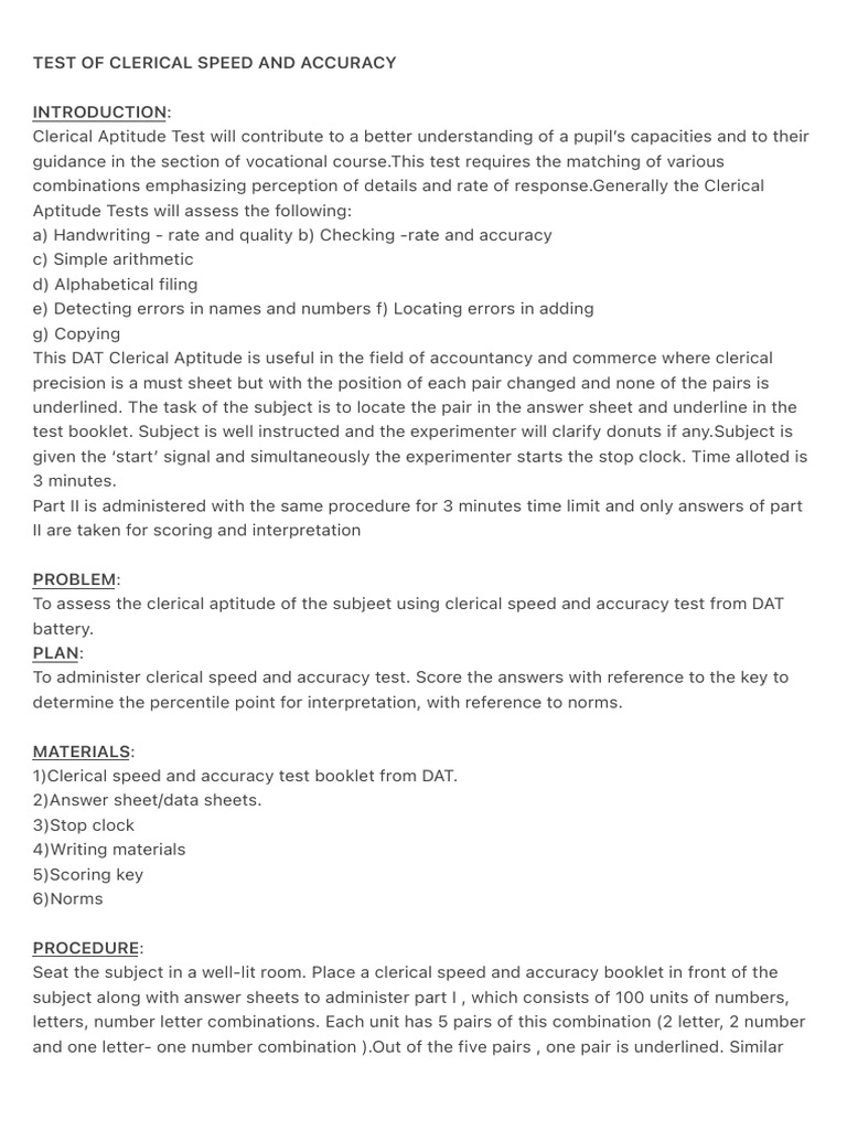 Test of Clerical Speed and Accuracy | PDF | Accuracy And Precision