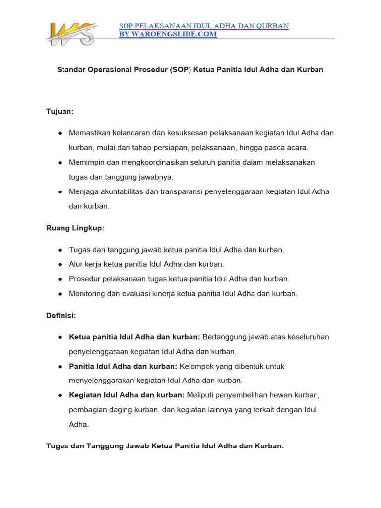 Standar Operasional Prosedur (SOP) Ketua Panitia Idul Adha Dan Kurban | PDF | Bisnis ...