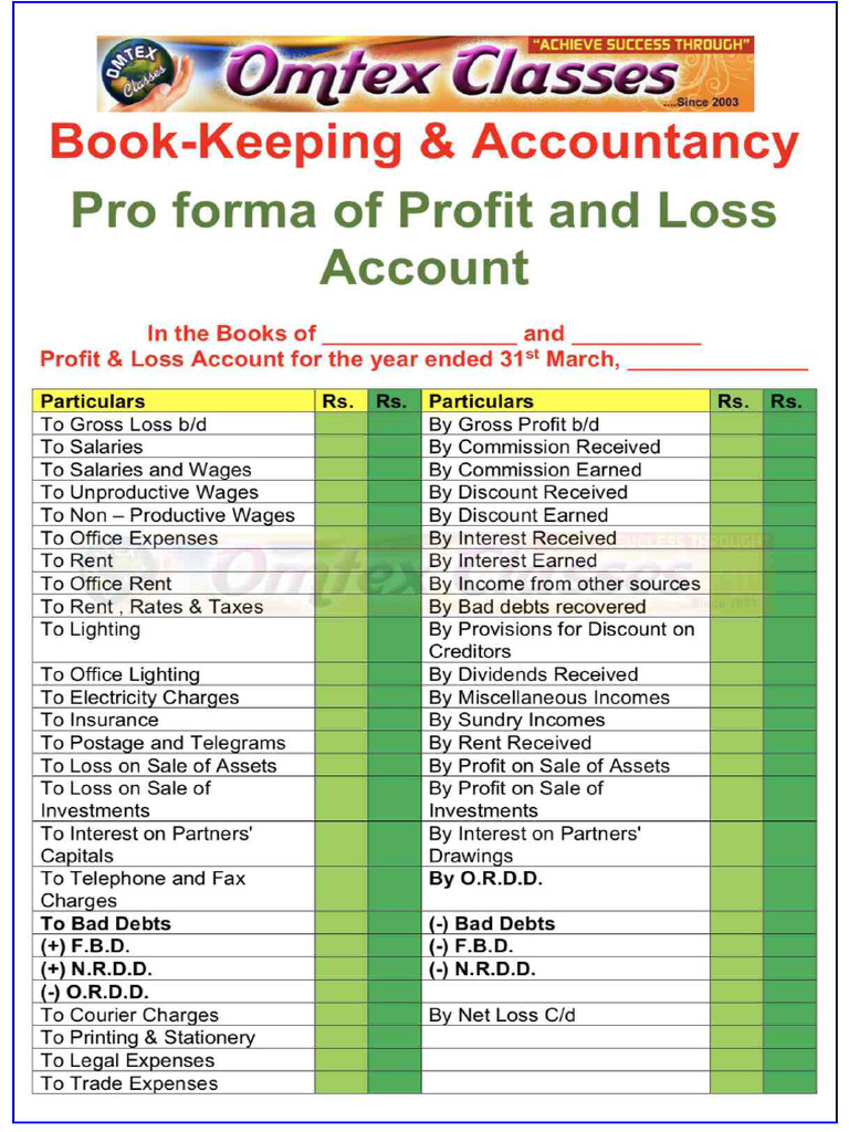 Profit and Loss Account Pro Forma | PDF