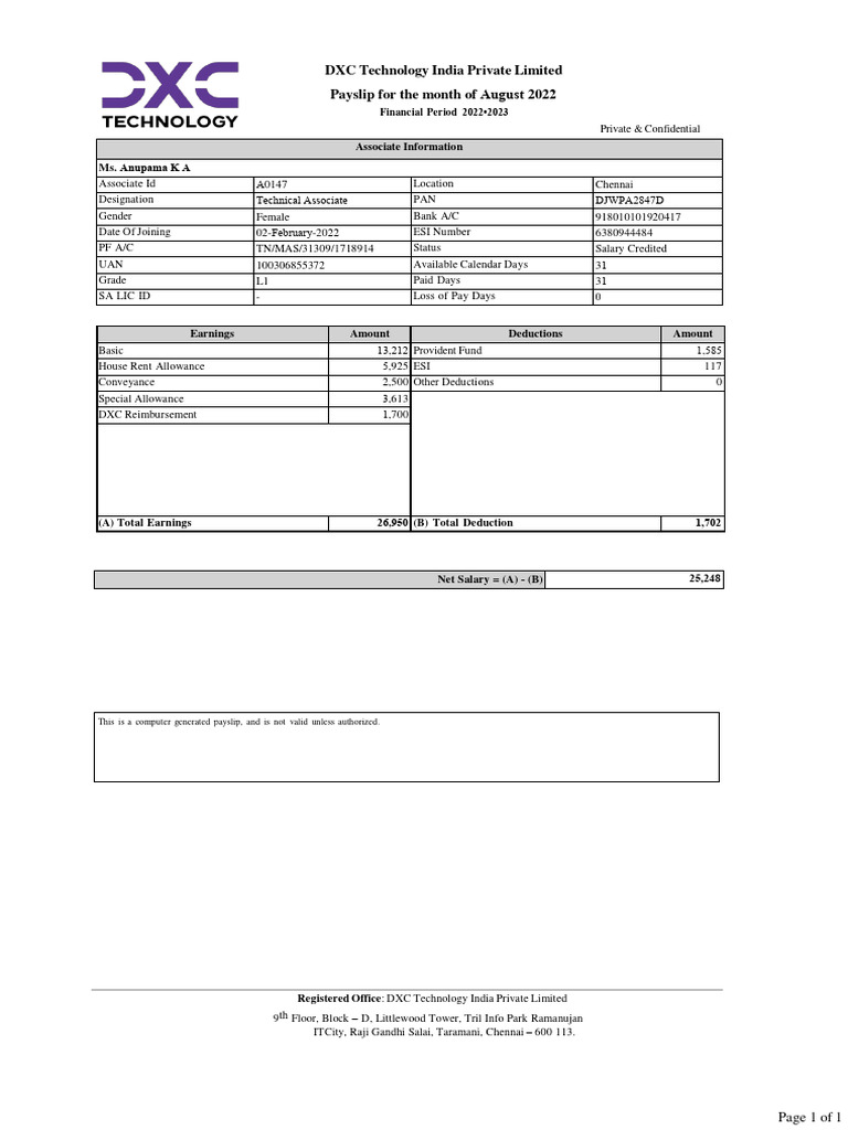 Anupama Payslip_August | PDF | Payments | Expense