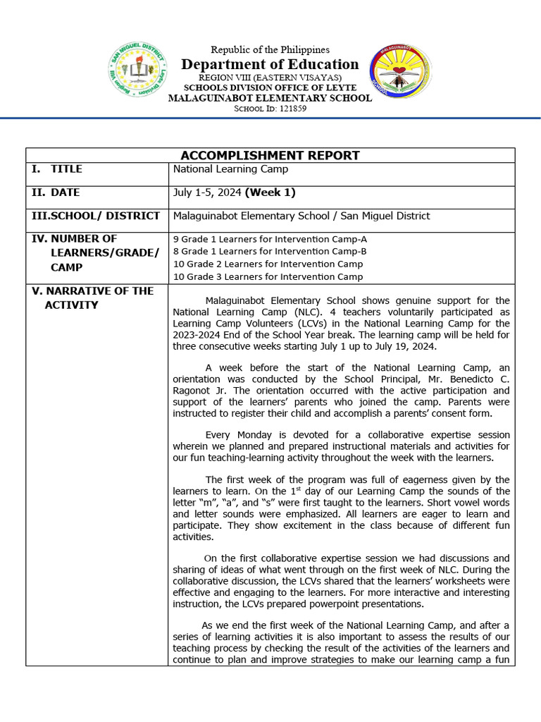 National Learning Camp Accomplishment Report | PDF | Learning | Teaching