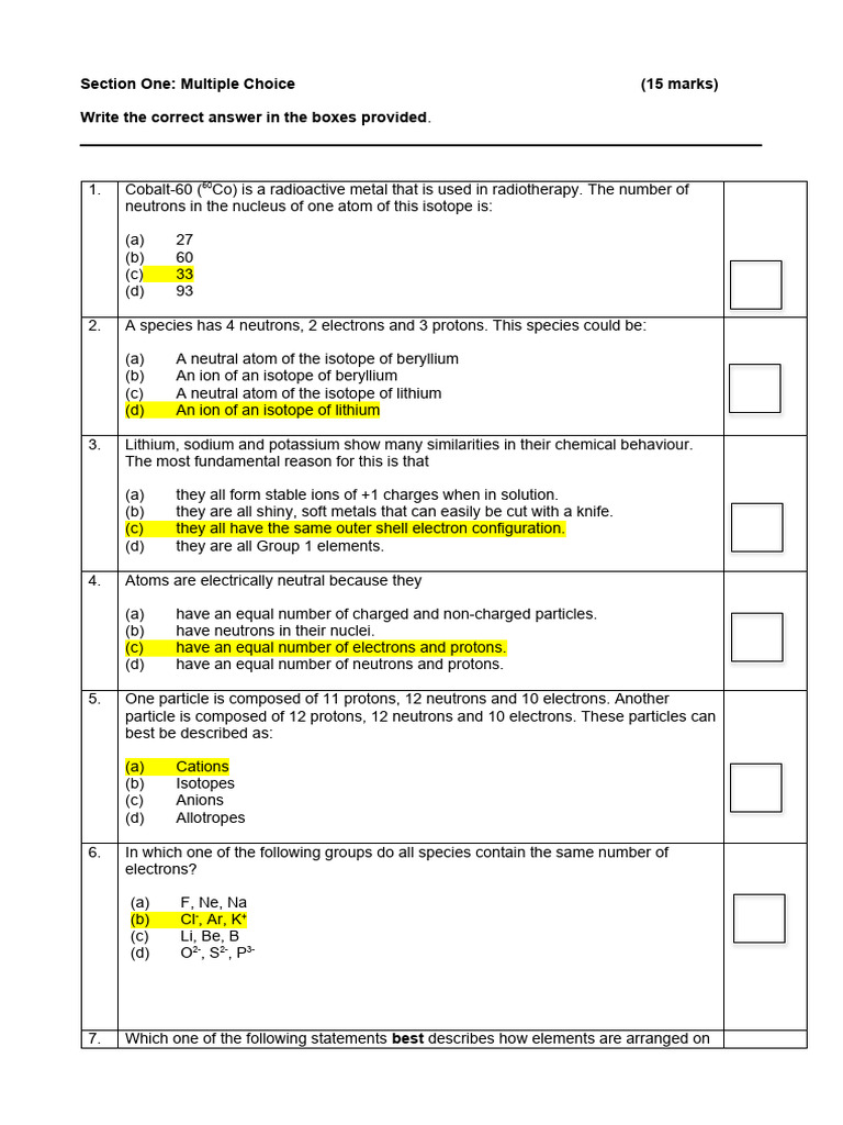 Practice Test - Properties and Structure of Atom ANS | PDF | Atoms | Ion
