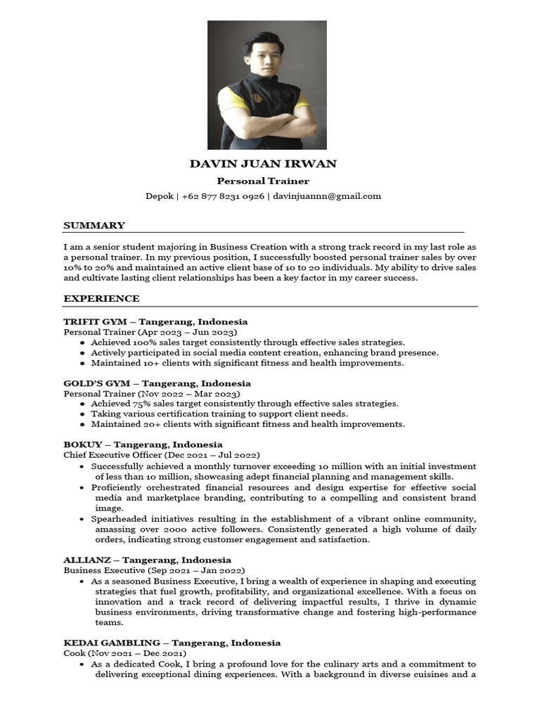 CV Davin Juan Irwan | PDF | Personal Trainer | Business Economics