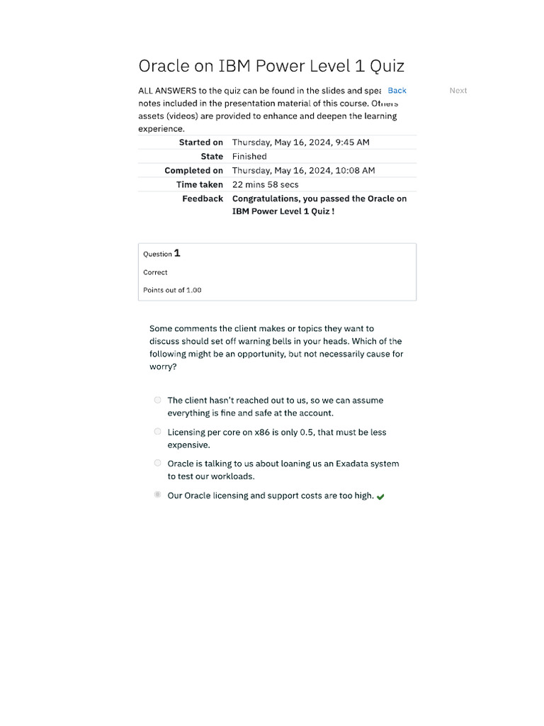 Oracle On IBM Power Level 1 Quiz | PDF