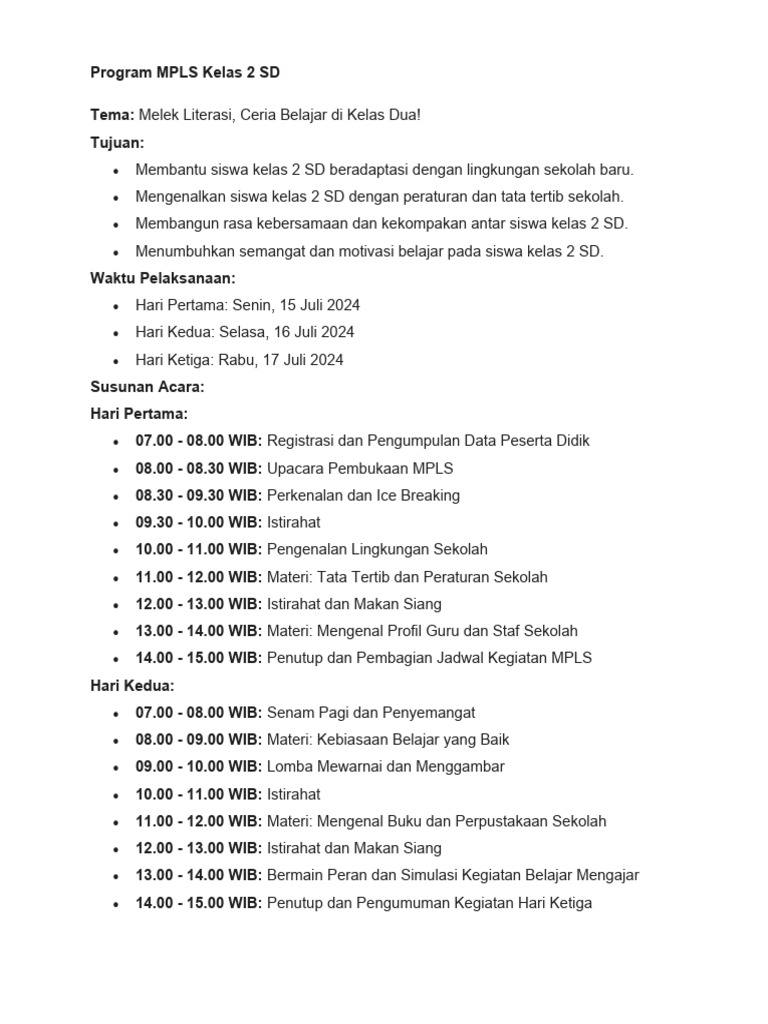 Program MPLS Kelas 2 SD | PDF