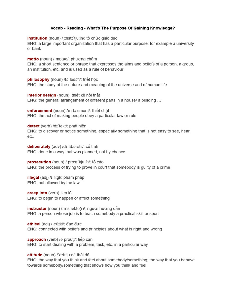Vocab - Reading - What's The Purpose of Gaining Knowledge | PDF ...