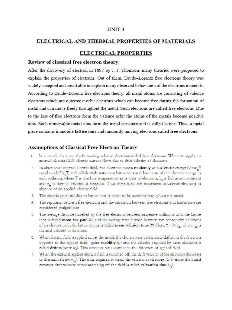 Unit 3 Electrical and Thermal Properties of Materials | PDF | Electrical Resistivity And ...