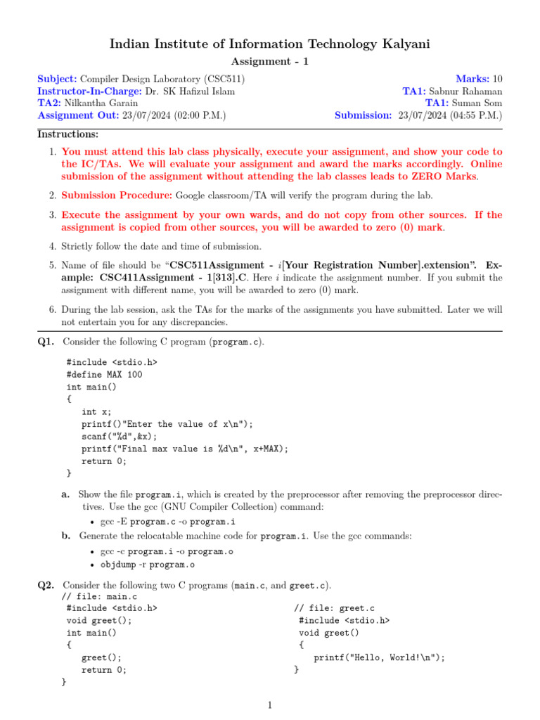 CSC511 (Compiler Design) Autumn 2024-2025 Lab Ass - 1 | PDF | Computing | Computer Programming