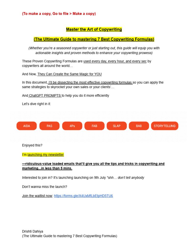 The Ultimate Guide To Mastering 7 Best Copywriting Formulas | PDF ...