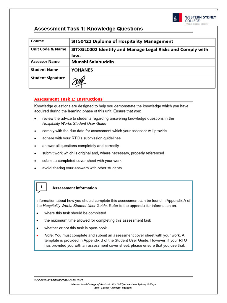 Assessment-Task-1 SITXGLC002 | PDF | Occupational Safety And Health ...