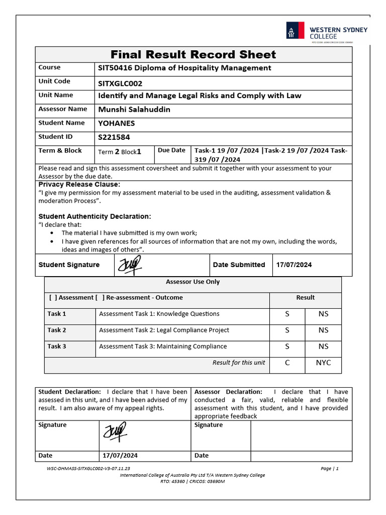 Final Result Record Sheet SITXGLC002 | PDF | Regulatory Compliance ...