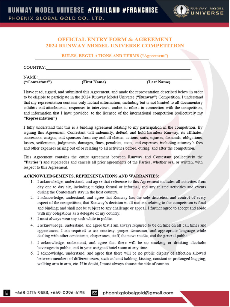OFFICIAL ENTRY FORM - All Countries เอกสารใหม่ | PDF | Indemnity | Justice