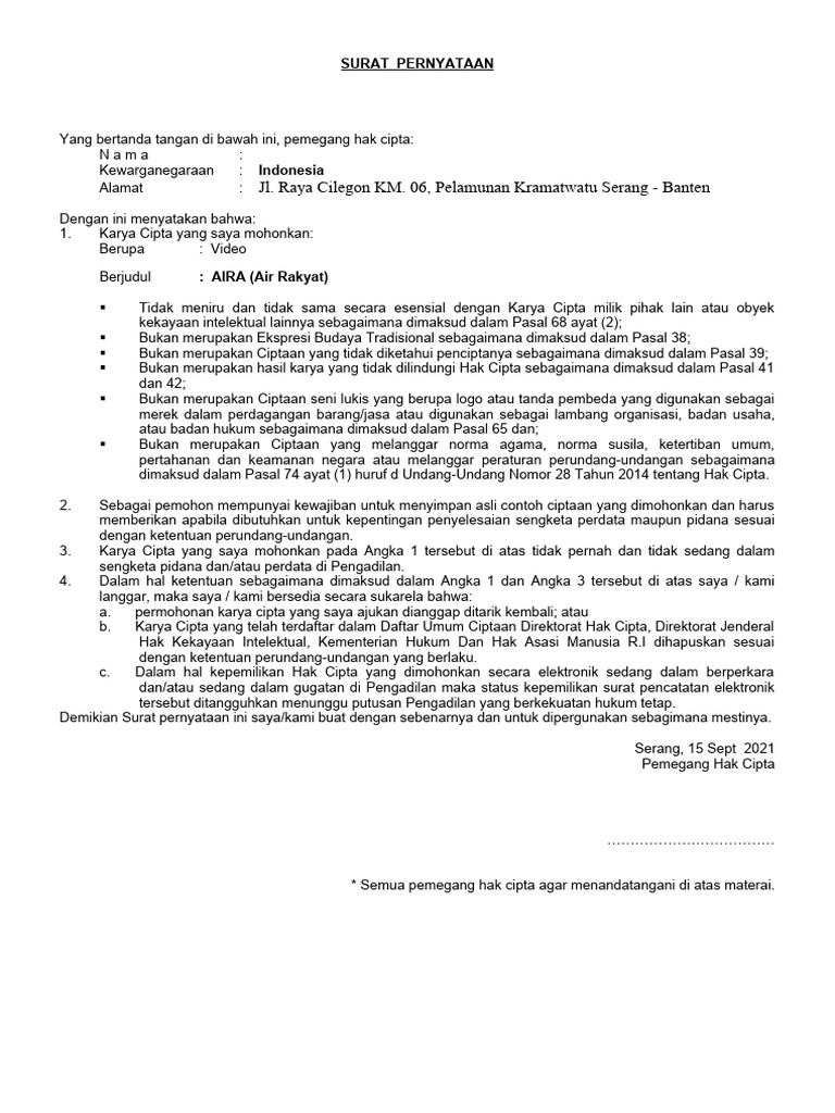 Surat Pernyataan HKI | PDF