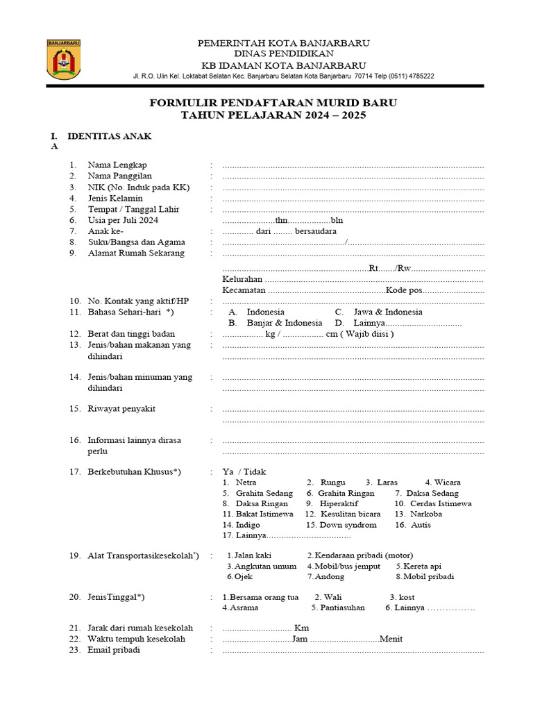 Formulir Pendaftaran Murid Baru Banjarbaru | PDF