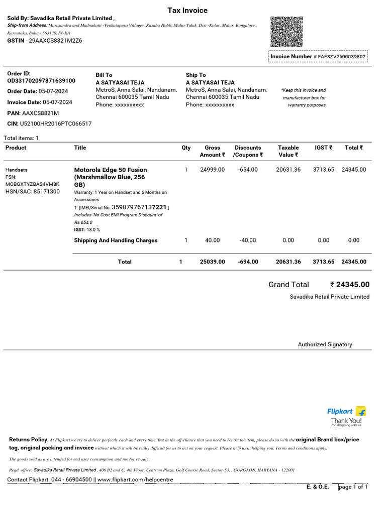 Invoice For Mobile Purchase | PDF | Invoice | Coupon