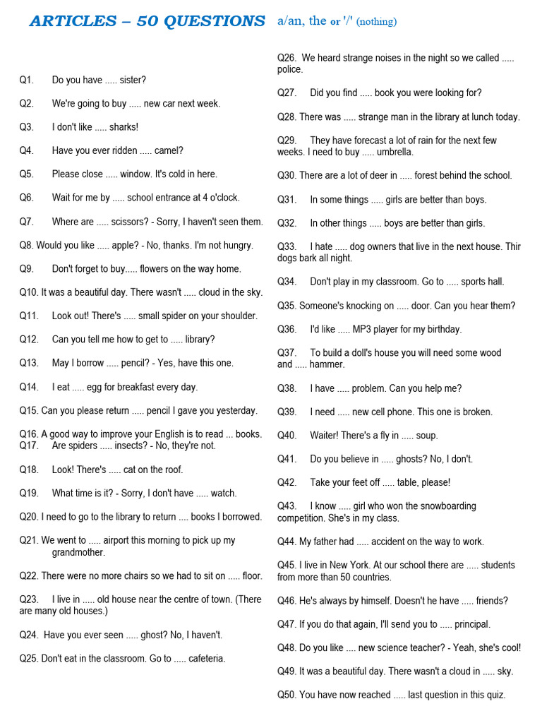 Articles 50 Questions A An The or Nothing Grammar Drills - 136084 | PDF