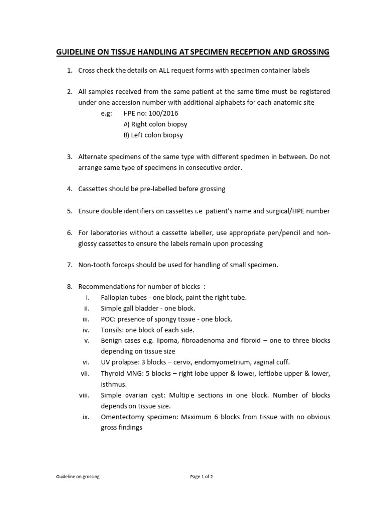 GUIDELINE ON TISSUE HANDLING AT SPECIMEN RECEPTION _ GROSSING | PDF ...