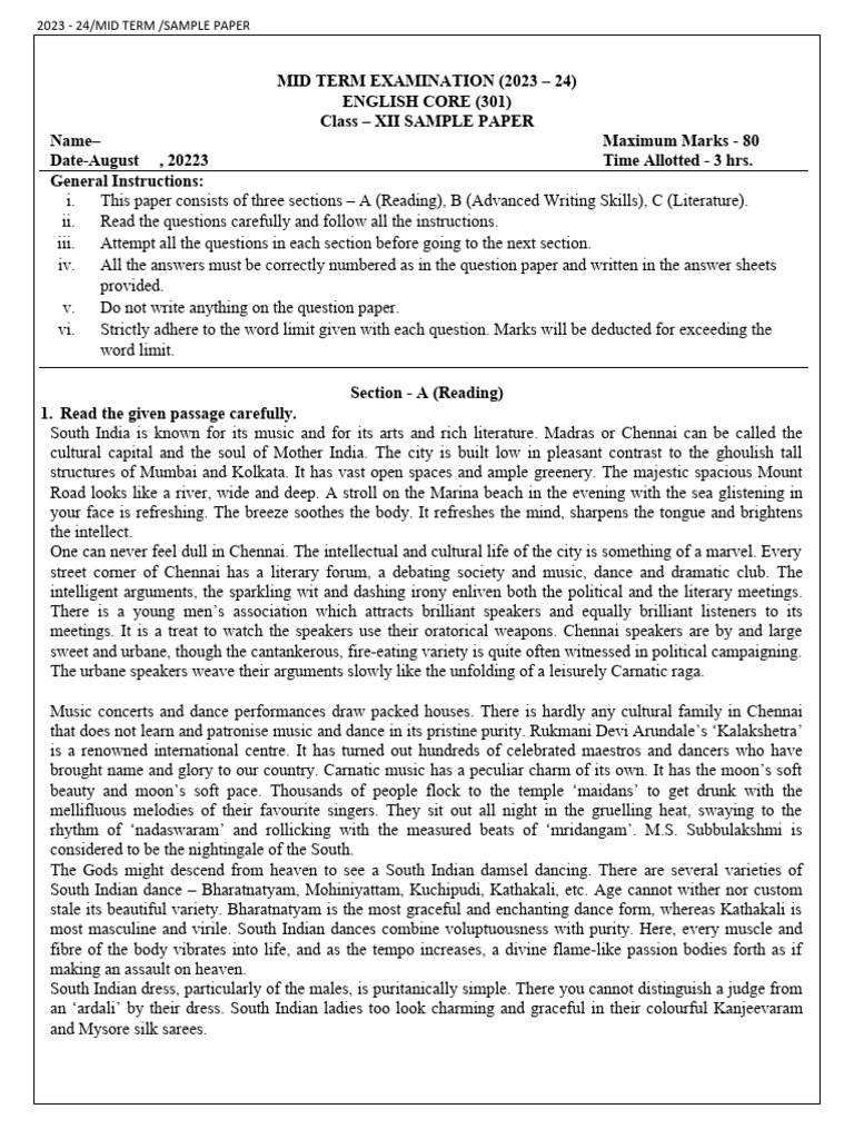 XII ENG Sample Paper - Sept Exam 2023-24 | PDF | Poetry