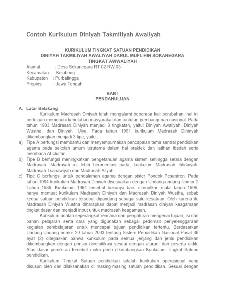Contoh Kurikulum Diniyah Takmiliyah Awaliyah | PDF | Karier & Perkembangan