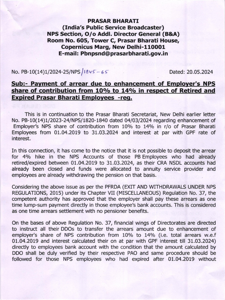 NPS - Letter DT 20-05-2024 - Payment of Arrear Due To Enhancement of Employer's NPS Share of ...