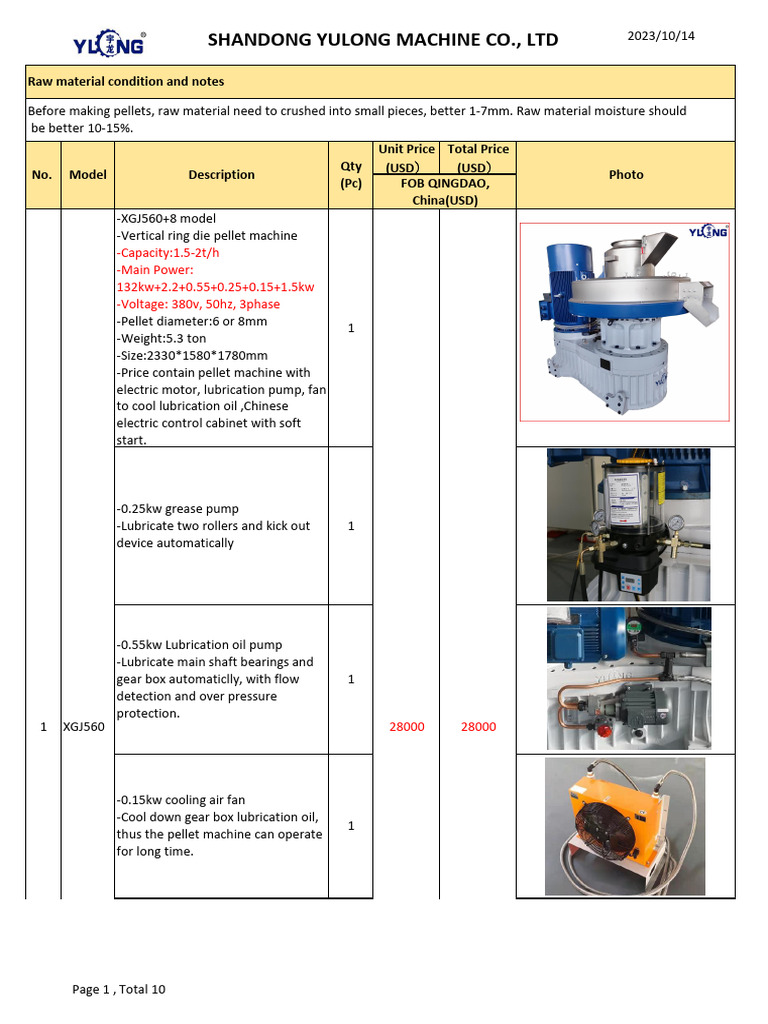 XGJ560 Pellet Machine Specifications | PDF | Pump | Bearing (Mechanical)