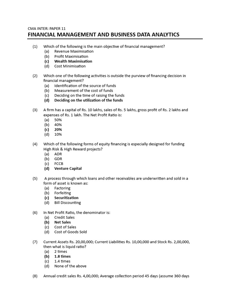 FMBDA - MCQ's | PDF | Financial Capital | Dividend