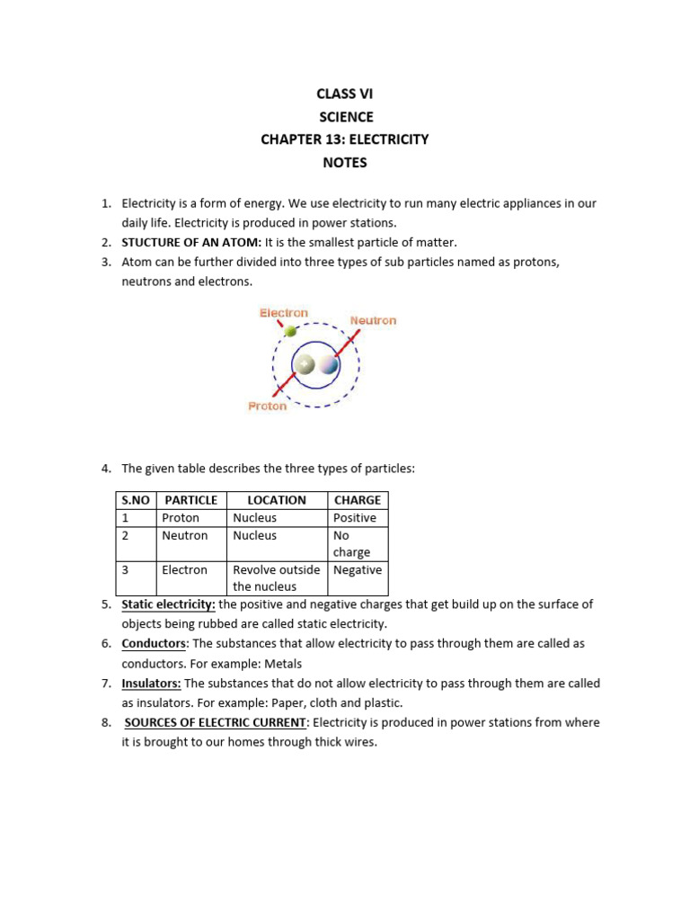 6_sc_ch 13_ELECTRICITY NOTES | PDF | Electricity | Incandescent Light Bulb