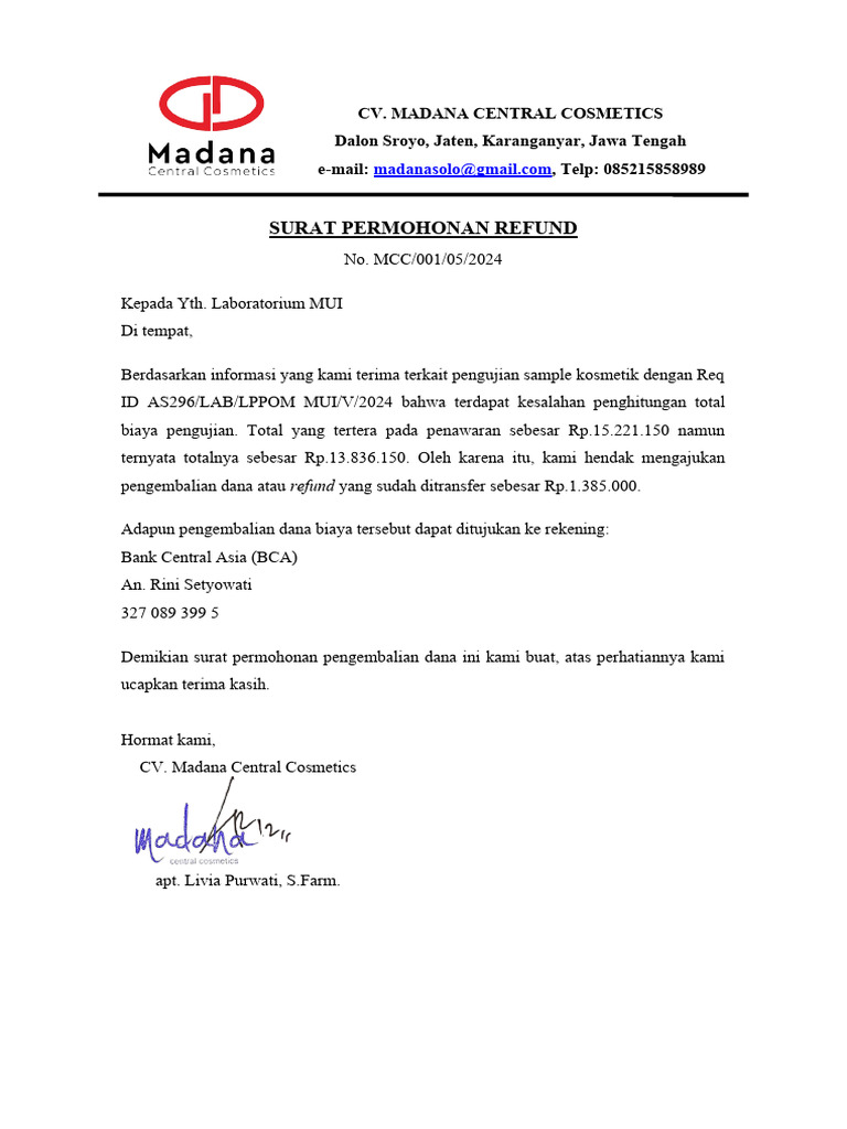 Surat Permohonan Refund | PDF