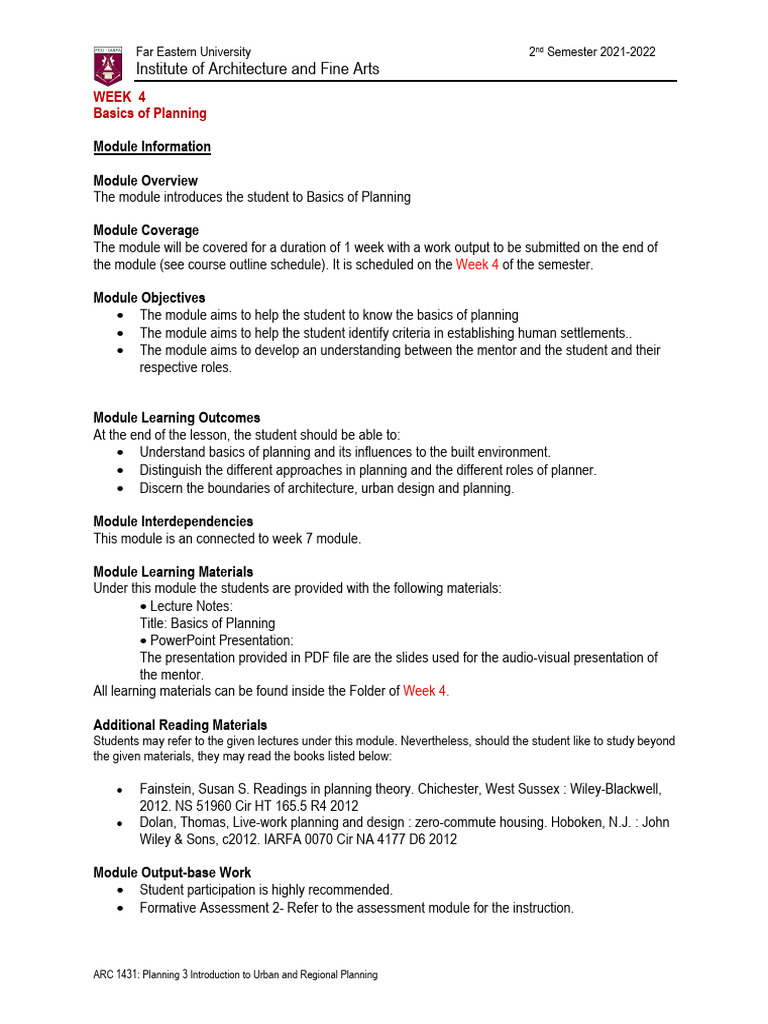 Week 04 - Basics of Planning Learning Module | PDF | Urban Planning ...