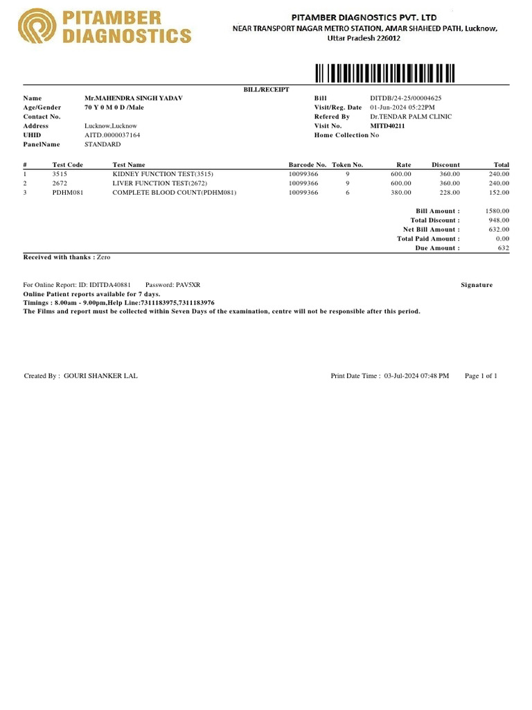 Medical Test Bill and Report Summary | PDF | Medical Specialties ...