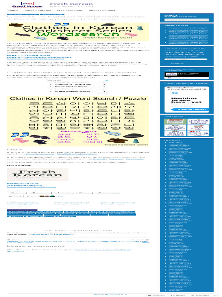 Clothes in Korean Worksheet Series - Part 4 Wordsearch Puzzle - Fresh ...