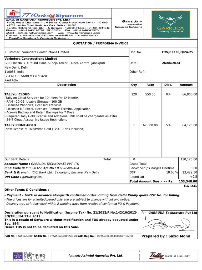 Quote - CLOUD-Varindera - Constructions - Limited (Final) | PDF ...