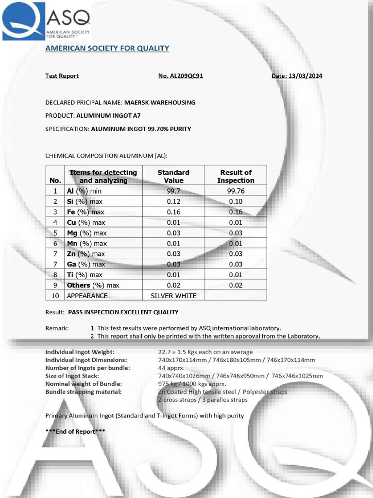AMERICAN SOCIETY FOR QUALITY AL INGOT A7 | PDF