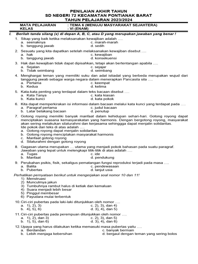 Soal PAS Kelas VI Tema 6 2023-2024 | PDF | Karier & Perkembangan | Ilmu Sosial