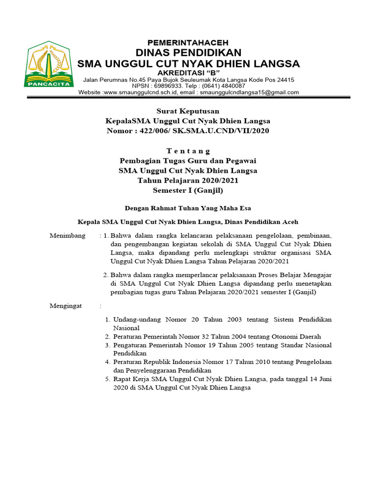 SK Pembagian Tugas Guru Dan Staf Laboran 20-21 Ganjil | PDF