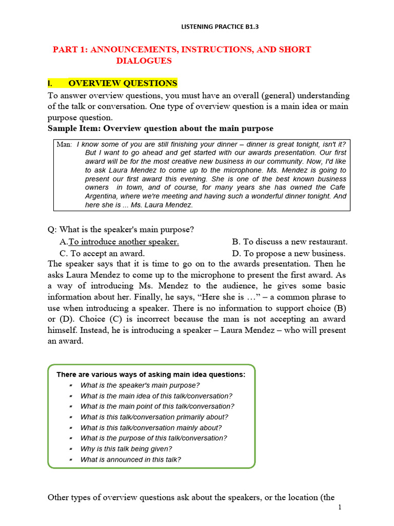 B1 Listening Practice Overview and Exercises | PDF | Fires | Question